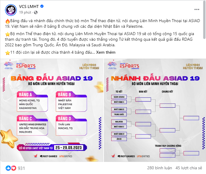 ASIAD công bố bảng đấu môn LMHT, Việt Nam hưởng lợi cực lớn, khán giả ...