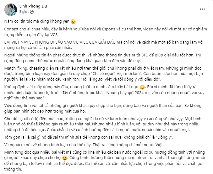 MC Remind có bài đăng cực gay gắt giữa dòng drama VCS